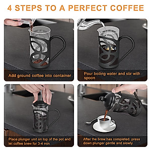 WORBIC French Press Coffee Maker, 3 Level Filtration System, Coffee Press with Heat Resistant Borosilicate Glass, 12oz Coffee French Press with Coffee Scoop w/Clip & 2 Extra Filters (Black)