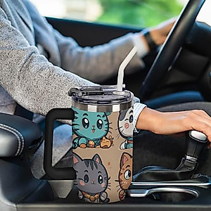 Many Cartoon Cats Insulated Stainless Steel Travel Mug, 40 Oz Tumbler with Handle And Straw Double-Wall Vacuum Coffee Cup, Leak-Proof Lid, Keeps Drinks Hot/Cold for Hours