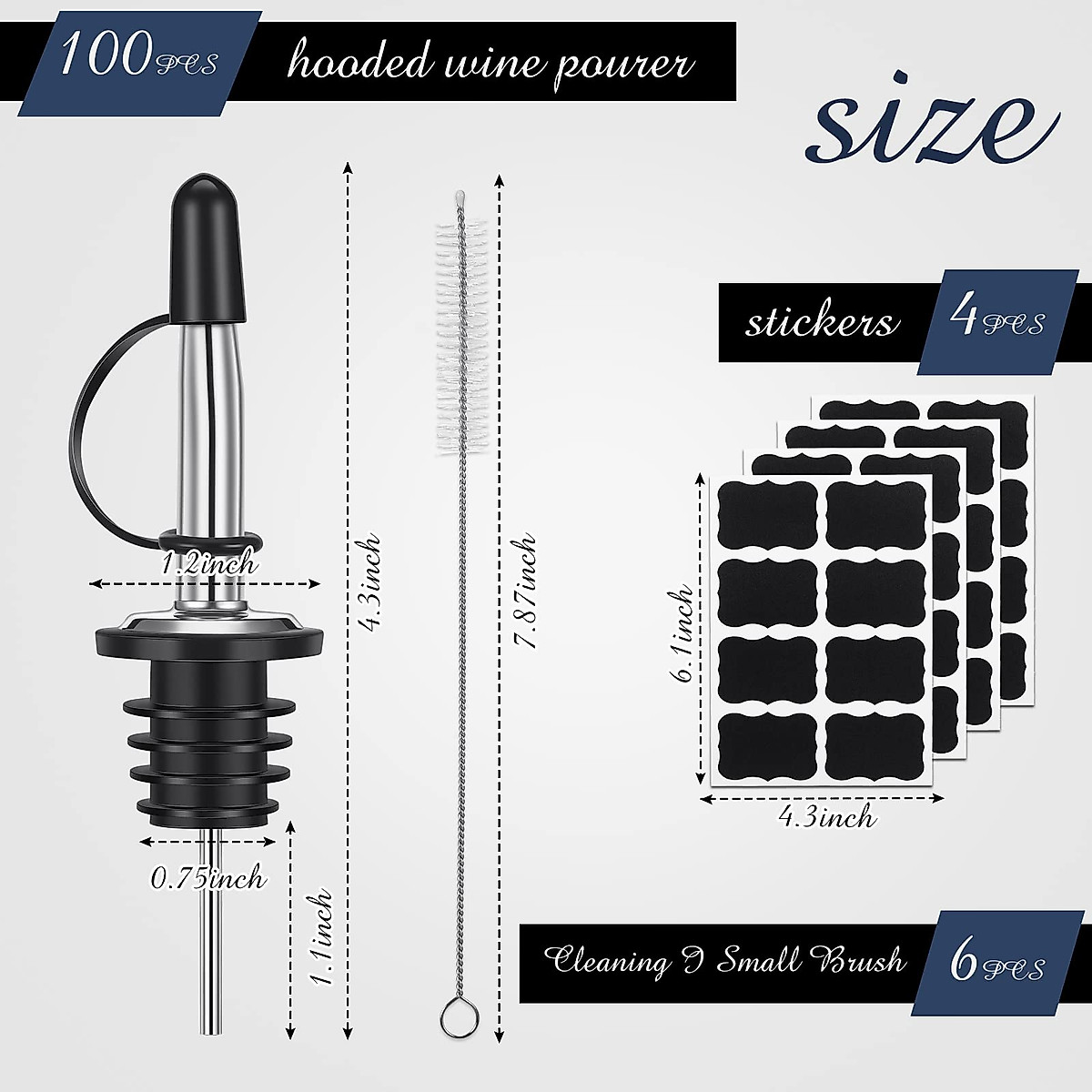 100 Pieces Liquor Pourer Stainless Steel Liquor Bottle Pourers with Siamese Rubber Dust Caps Pour Spouts Alcohol Pourer Spouts Bar Juice Pourers Wine Pourers Tapered Spout About 3/4 Inch Bottle Mouth