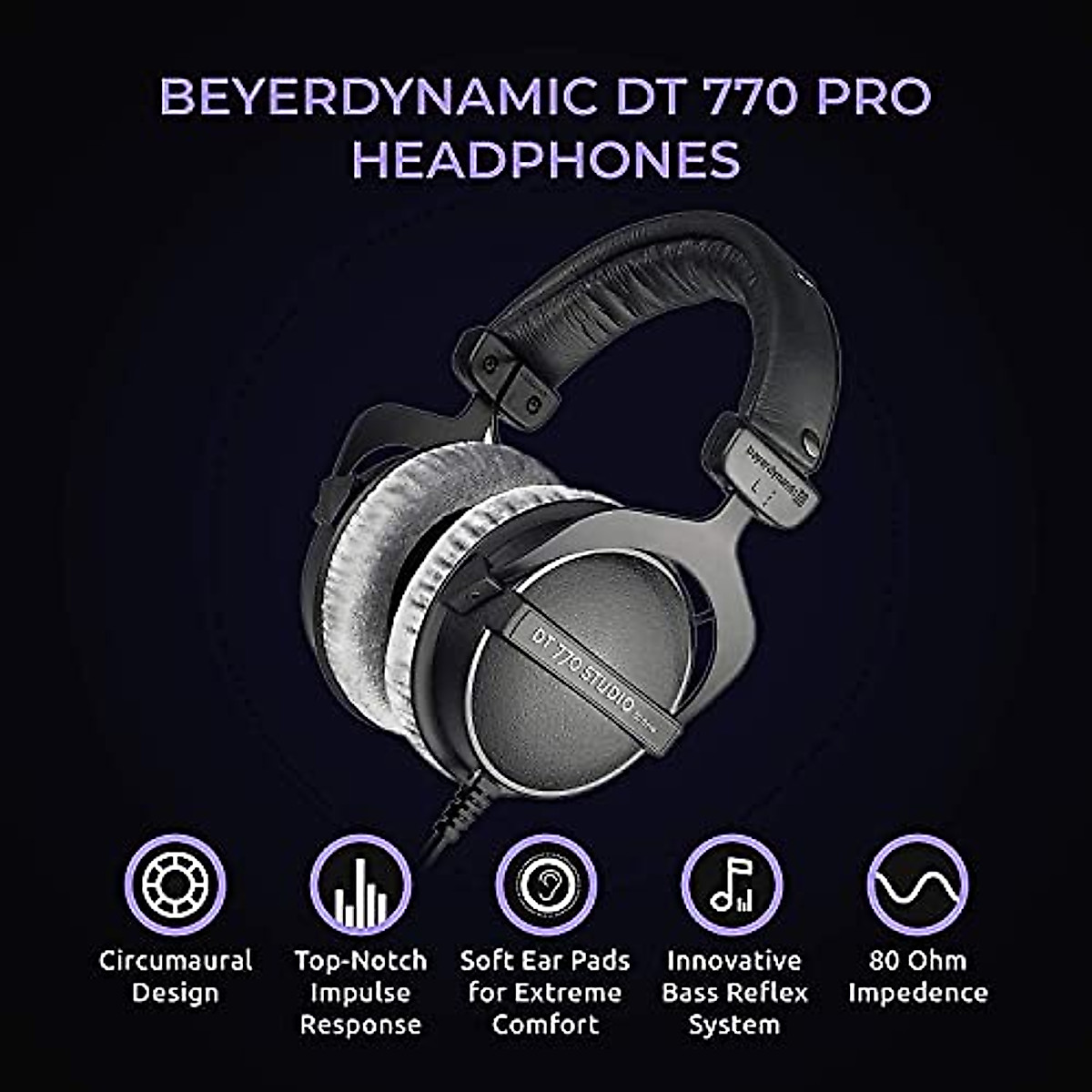 blucoil Beyerdynamic DT 770 PRO 80 Ohm Over-Ear Studio Headphones in Gray. Wired for Professional Recording and Monitoring Bundle 6' 3.5mm Audio Extension Cable, and Slappa Headphone Case