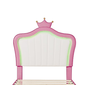 Crown Headboard Twin Size Princess Bed for Girls,Upholstered Twin Bed Frame with LED Lights for Kids,Twin Bed for Girls,Adjusted Headboard(Twin,Pink)