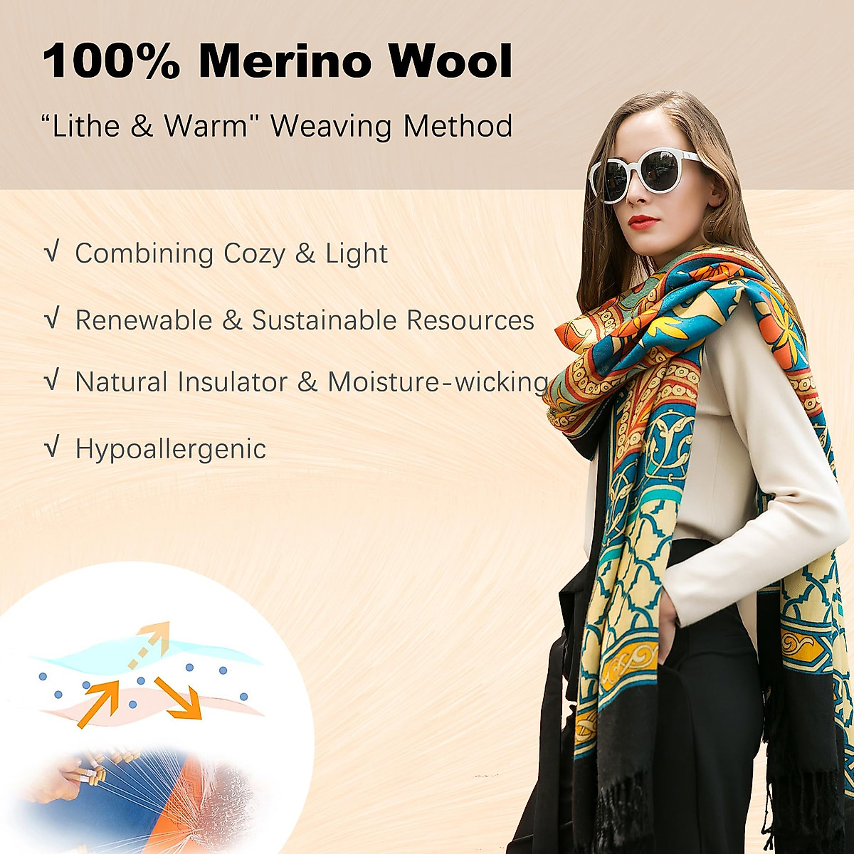 DANA XU 100% Merino Wool Extra Large Pashmina Blanket Travel Scarf Cashmere Wrap for Women Fall Winter Oversize Shawl Floral