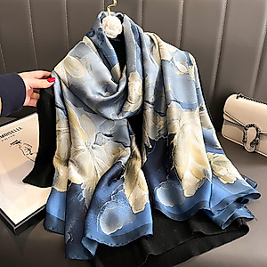 YOUR SMILE Large Mulberry Silk Feeling Long Stain Scarf Lightweight Sunscreen Shawls Wraps for Women (03 Blue/Oil Paingting Flower)