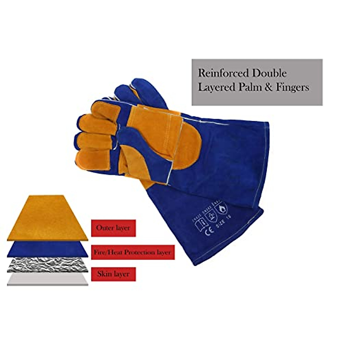 16 Inches Suede Leather welding gloves Fir/Heat Resistant Gloves for Tig welder, bbq Grill, woodstove, Mig Welding Etc. Heavy Duty Gloves in Blue by RUSH