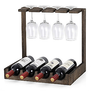 NANANARDOSO Wine Rack, Rustic Wood Wine Storage Shelf with Glass Holder Tabletop Wine Bottle Holder Organizer for Kitchen Cabinet Pantry (Rustic Brown, 4-Slot)