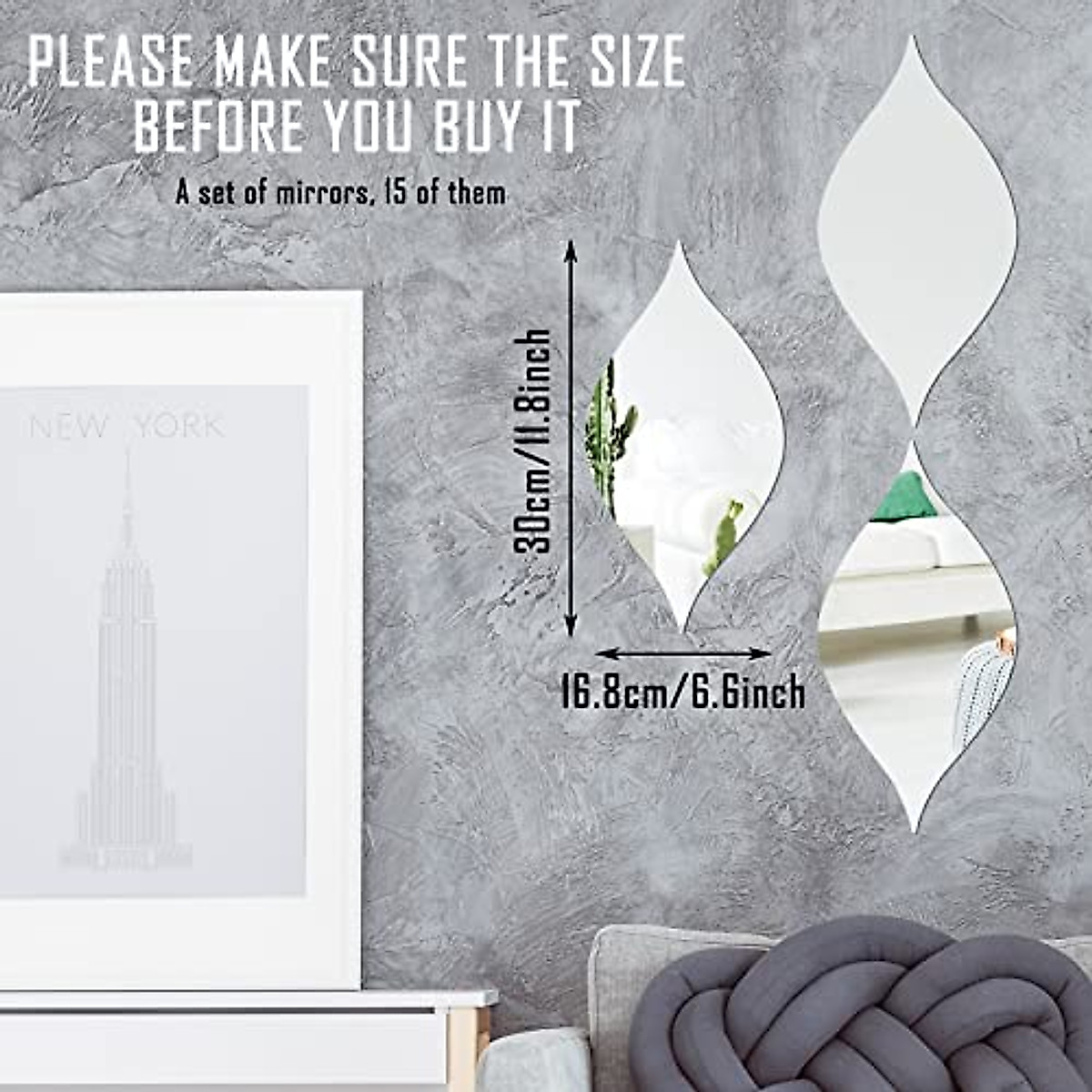 15 Pack Removable Acrylic Mirror Wall Stickers Teardrop Mirror Acrylic Wall Sticker 3D DIY Wall Decals Art for Living Room Bathroom Home Office Classroom, 11.8 x 6.6 Inch (Silver)