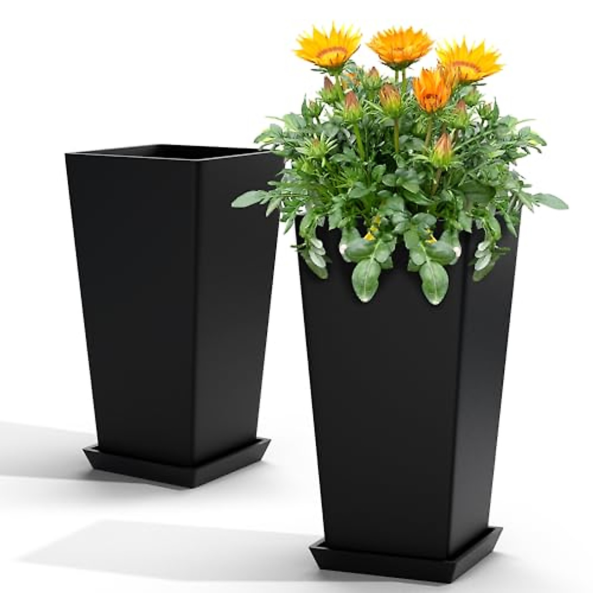 Elevens Tall Planters 20 Inch Tapered Square Planters Garden Flower Pots,Indoor/Outdoor Planter with Tray, Large Planter for Patio Black-2 Pack
