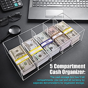 Mczxon Clear Cash Tray With 300 Currency Wrappers, Acrylic Money Organizer Storage Change Box Case - 5 Compartments