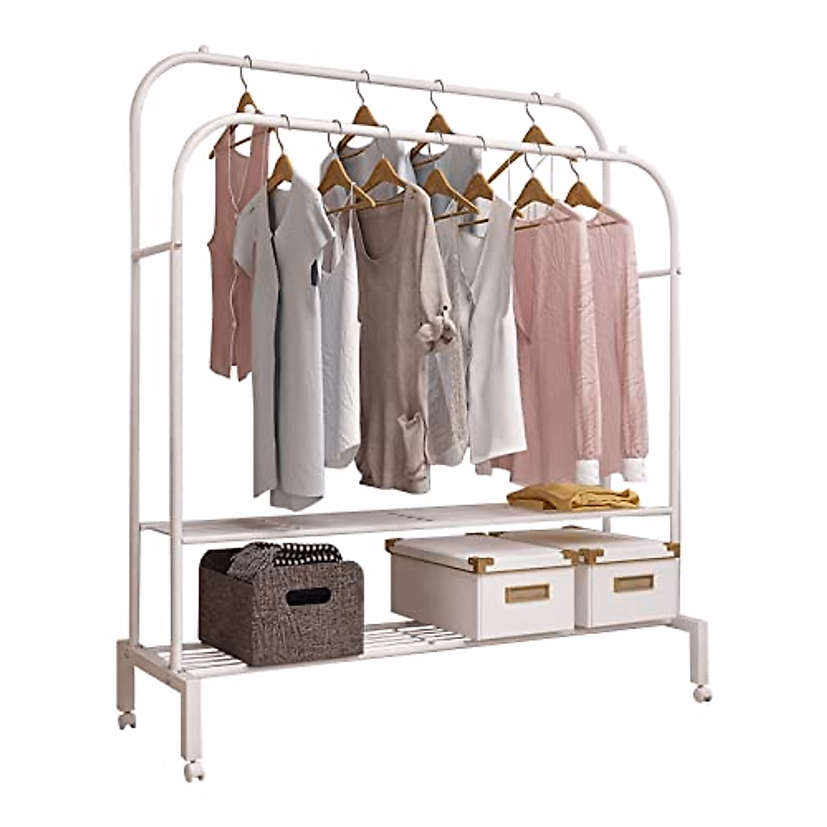 GGQQ Clothes Garment Rack with Shelves,Metal Double Rod Clothes Hanger Rack,Rolling Garment Rack for Hanging Clothes,Stand Clothes Drying Rack with Wheels(41”,White).