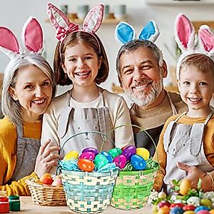 4 Set Large Easter Basket Bulk with 24 Pcs Easter Eggs, Handle Round Bamboo Woven Basket with Plastic Easter Eggs and 4 Pcs Colored Raffia Grass for Kids Baby Easter Bunny Party Supplies