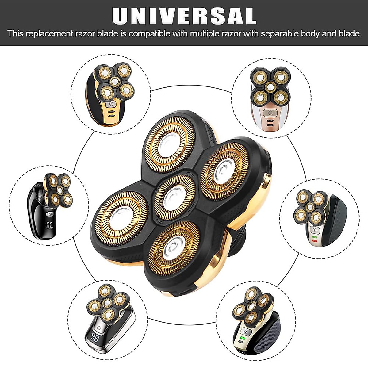 fayle 5 Heads Electric Shaver Replacement, Floating Washable Head Shaver Replacement Heads, Blade Razor Shaver Head for Men(Black+Gold)