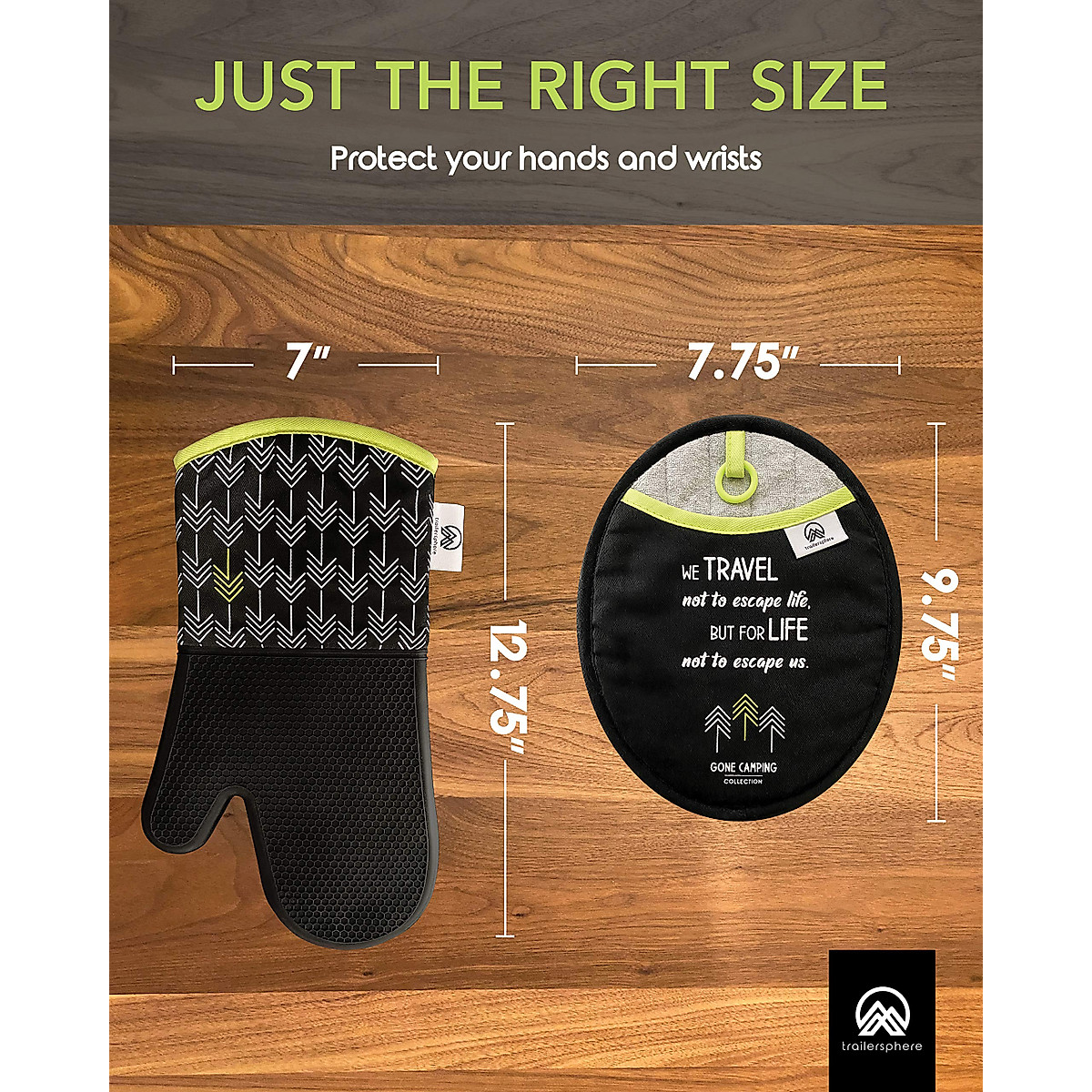 Trailersphere Silicone Oven Mitt and Pot Holder Set, Gone Camping Collection, Non-Slip Grip, Heat Resistant with Hanging Loops, Perfect for RV Kitchens and Camping, Modern and Inspirational Design