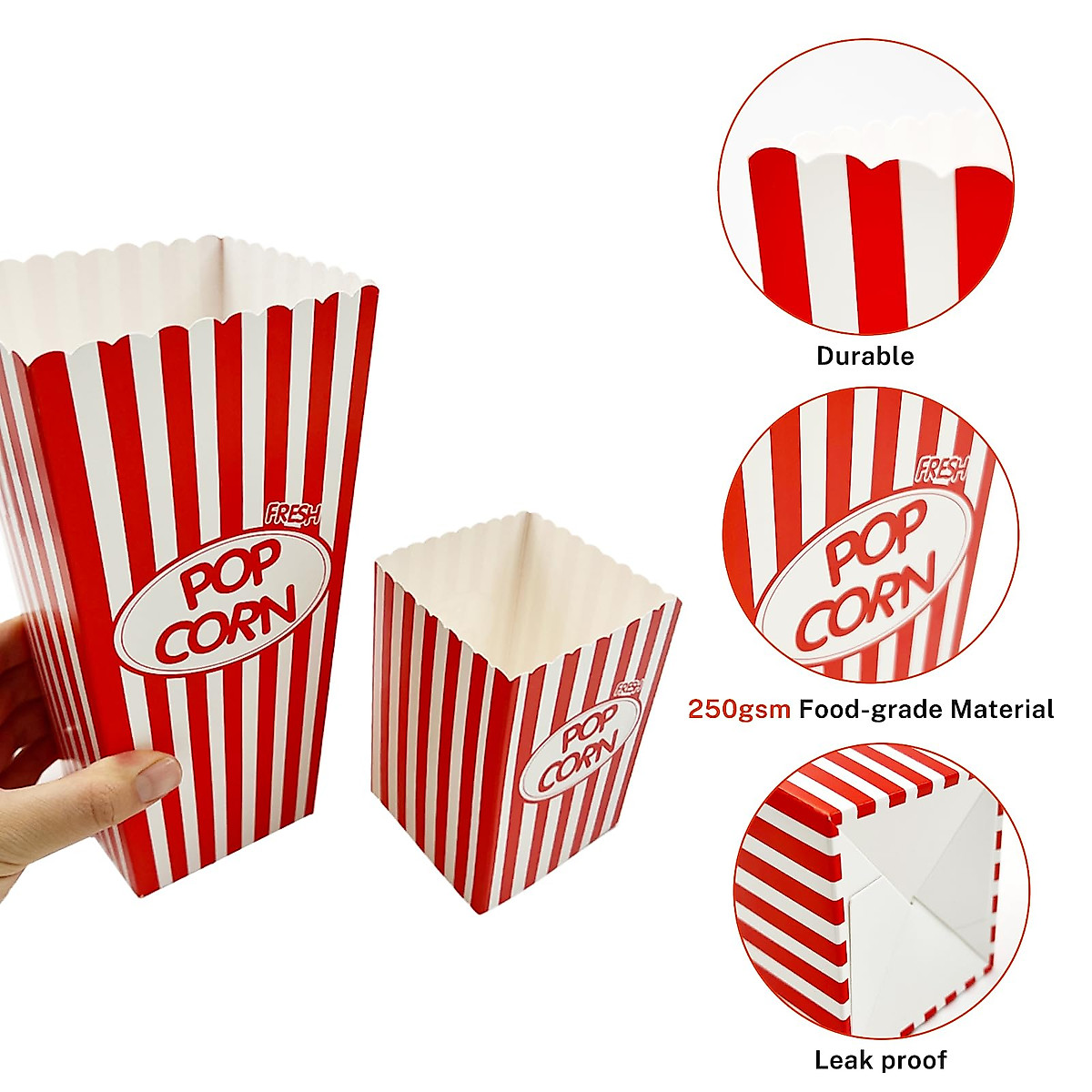 SNAIL GARDEN 30 Pcs Popcorn Boxes, 20Pcs 46oz&10Pcs 16oz Movie Night Snack Bucket, Red/White Food Container,Disposable Paper Box,Durable Cardboard Boxes For Family Party Picnic Festivals Decoration