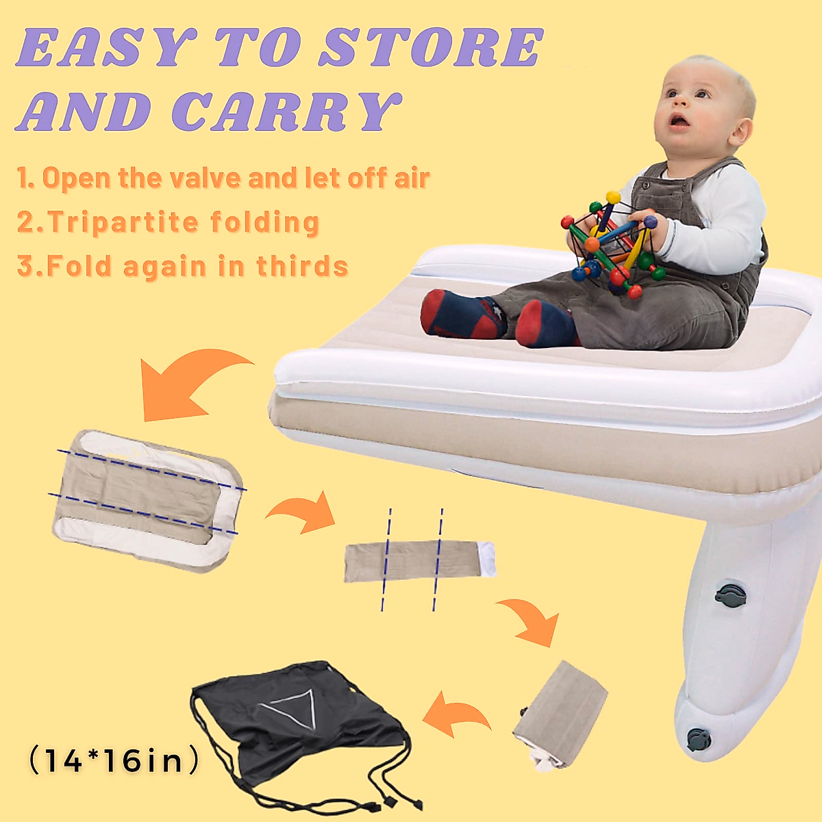 eirix Inflatable Toddler Travel Bed, Portable Baby/Toddler Bed Airplane Footrest Airplane Seat Extender for Kids Suit for Economy Seats, Train, Car (White)