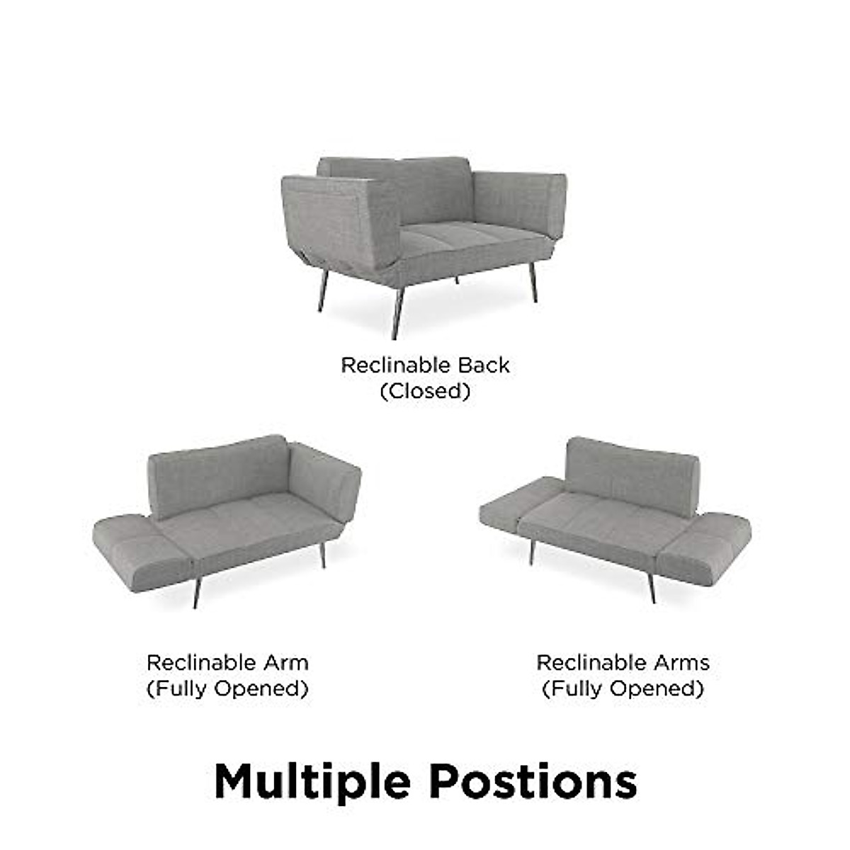 Novogratz Leyla Loveseat with Magazine Storage, Adjustable Sofa Bed Armrests to Convert into a Couch Sleeper, Light Gray Futon