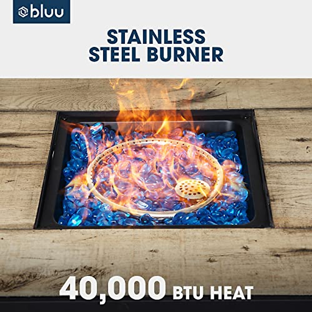 Bluu 32in Square Propane Fire Pit Table Gas Fire Pits for Outside with Blue Glass Beads, Faux Wood Fire Table Safe CSA Smokeless Firepit Great for Party on Patio & Balcony with Tank Cover