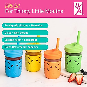 Elk and Friends Kids & Toddler Cups | The Original Glass Mason jars 8 oz with Silicone Sleeves & Silicone Straws with Stoppers | Smoothie Cups | Spill Proof Sippy Cups for Toddlers