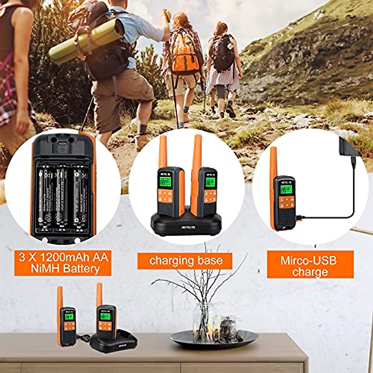 Retevis RT49 Walkie Talkies Rechargeable,IP65 Waterproof Two Way Radios for Adults, NOAA VOX Flashlight 1200mAh AA Battery, Long Range 2 Way Radio for Outdoor Hiking Camping Skiing(2 Pack)