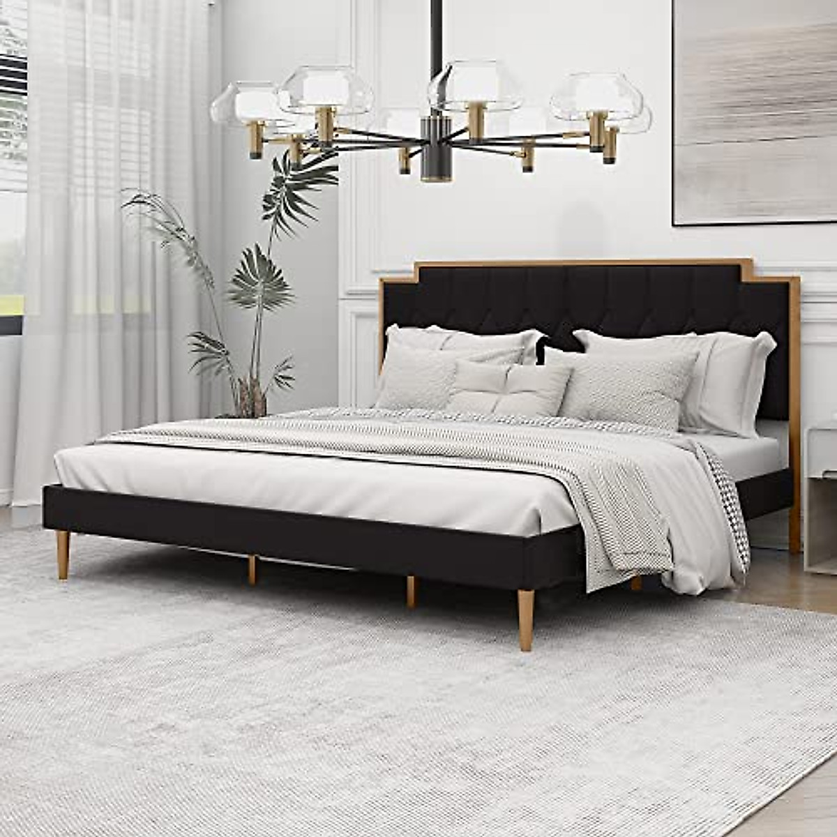 AGARTT Upholstered Platform King Size Bed Frame with Headboard Premium Stable Wood Slat Support No Box Spring Required Black