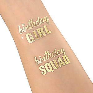 Birthday Tattoos(32Designs),Konsait Metallic Temporary Tattoos for Girls Kids Birthday Party Celebration Accessories-Birthday Girl,Birthday SQUAD,Cheers,Happy Birthday Party Bag Filler Favors Supplies
