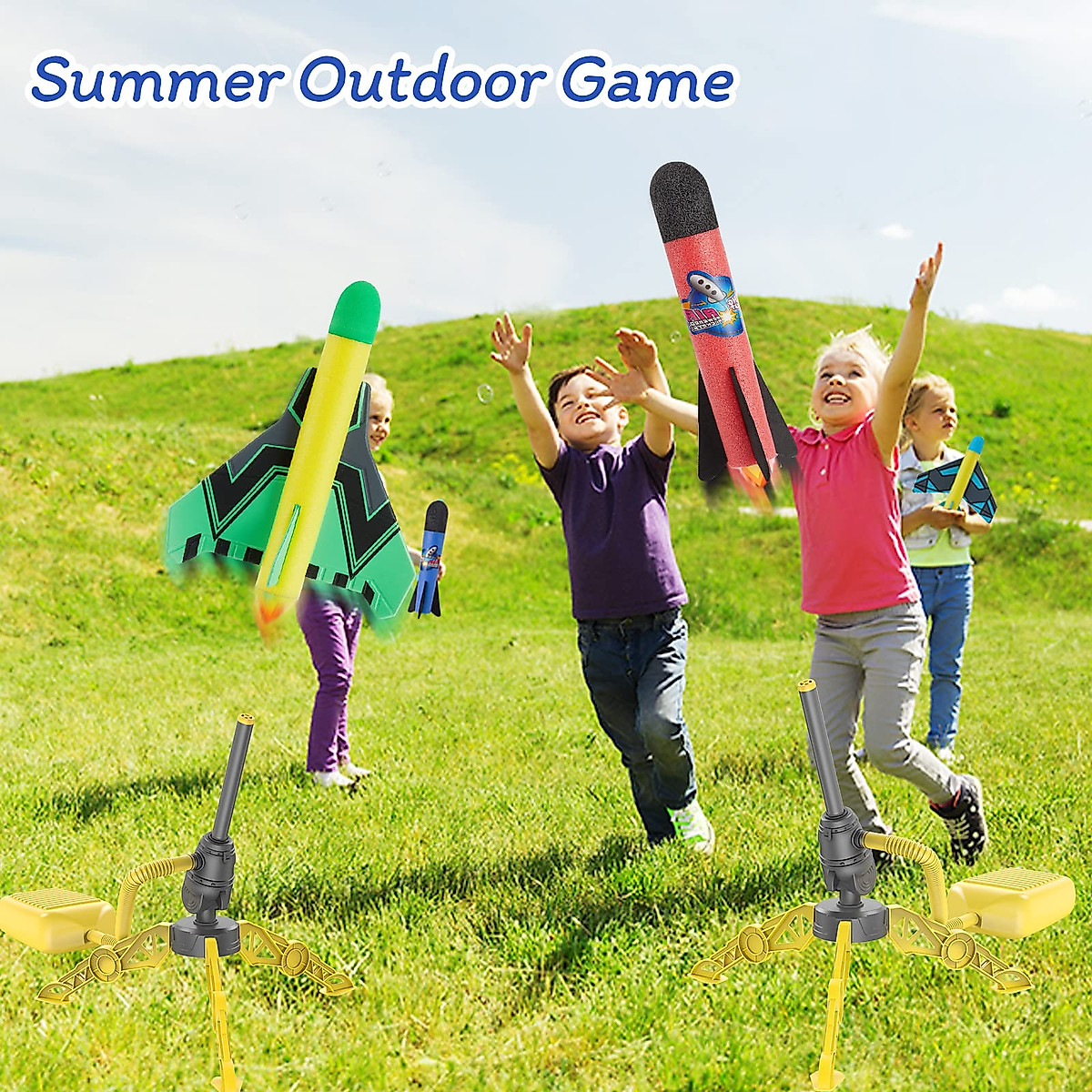 Rocket Toy Outdoor Rocket Launcher for Kids, Shoots Up to 100 Feet, 6 Colorful Rockets and 3 Planes with 2 Sturdy Launcher Toy Stand, Birthday Gift for Boys Girls Age 3-12