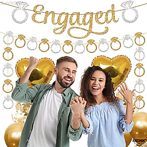 KatchOn, Pre-Strung Gold and Silver Glitter Engaged Banner - 2 String, 10 Feet, No DIY | Engagement Party Decorations | Engagement Banner for Bachelorette Party Decorations, Engagement Decorations