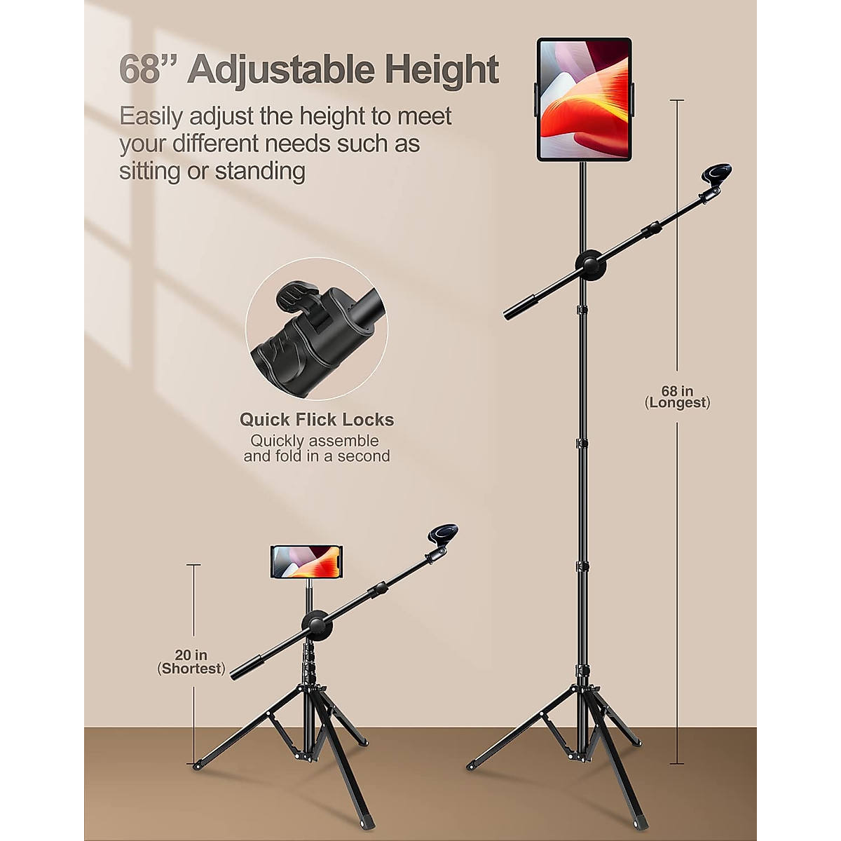 elitehood Floor Tablet Stand & Boom Mic Stand, 68in Height Adjustable iPad Holder Stand, Portable Tripod Microphone Stand for Singing, Compatible with iPad Pro Air Mini and 4-12.9’’ Phones & Tablets