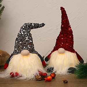 Juegoal 12" Lighted Christmas Gnome, Handmade Sequins Hat Scandinavian Swedish Tomte, Light Up Plush Elf Toy Holiday Present, Battery Operated Winter Tabletop Christmas Decorations, 2 Set