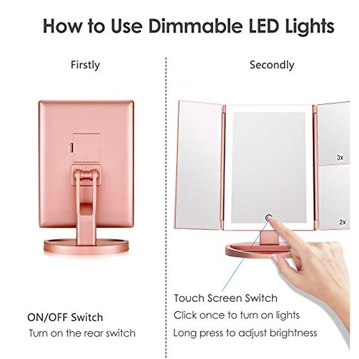 WEILY Lighted Vanity Makeup Mirror 1x/2x/3x Magnification Trifold with 36 LED Lights Touch Screen and USB Charging, 180 Degree Adjustable Stand for Countertop Cosmetic Makeup Mirror(Rose Gold)