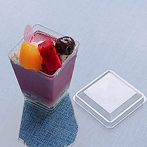 Tosnail 50 Pack 5 Oz Tall Square Clear Plastic Dessert Tumbler Cups with 50 Pieces Plastic Lids and 50 Pieces Plastic Tasting Spoons - Clear