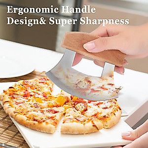 Hanaive 2 Pack 4 x 5 inch Mezzaluna Ulu Knife Salad Veggies Rocker Chopper Slicer Cutter Mezzaluna Knife with Wooden Display Stand for Kitchen Cutting Chopping Knives Chef Cleaver