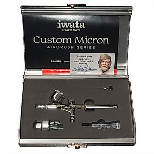 Custom Micron C Airbrush (ICM 4002) Version 2 by Iwata, Features a Square Shaped Trigger, Crown Cap Deck on End of Handle.23mm Needle and Nozzle, Silver