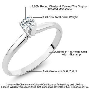 14K White Gold Moissanite Ring | Round 4MM Forever Classic from Charles & Colvard Solitaire Engagement Ring For Women | 0.23 Cttw | Available in size 5, 6, 7, 8, 9