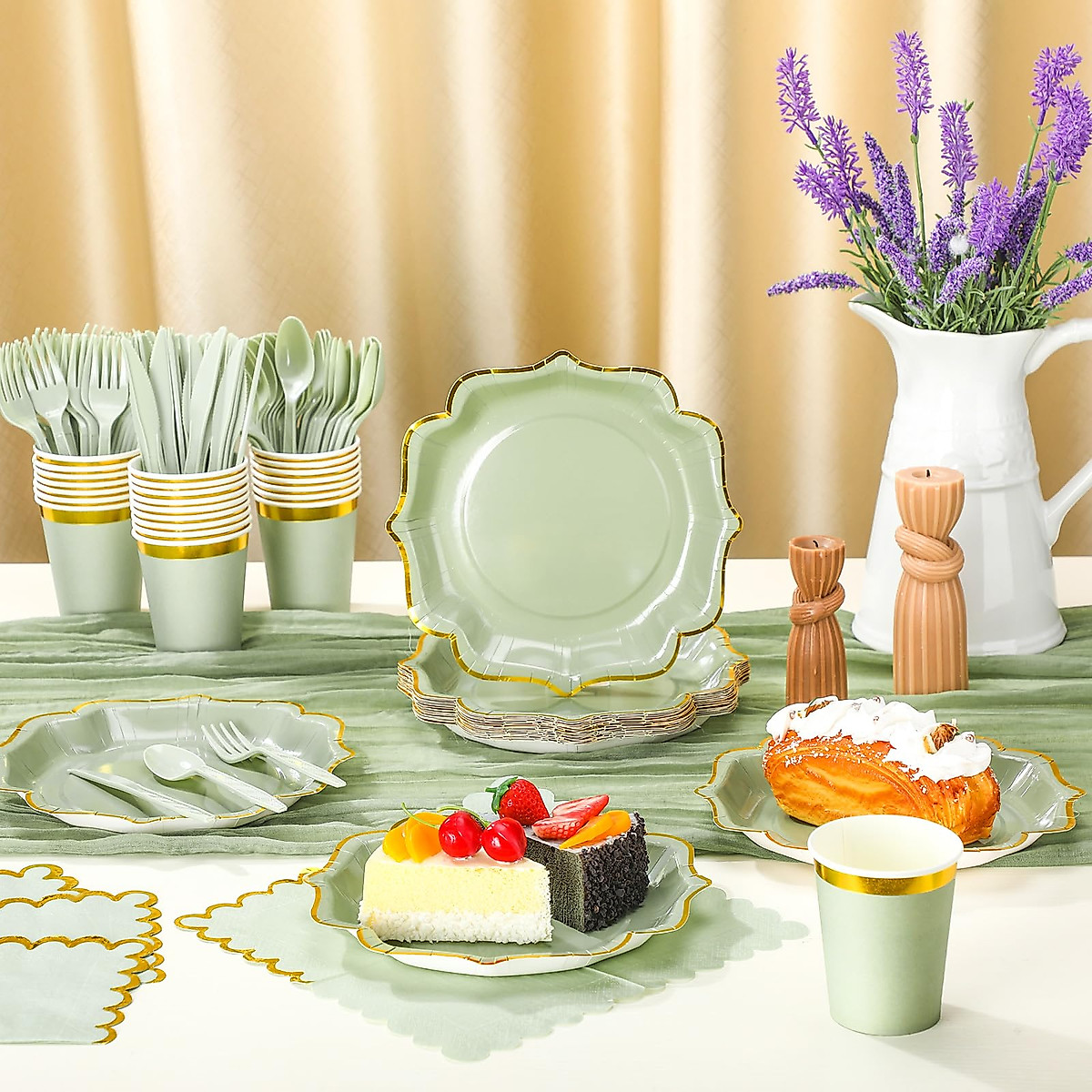 Gejoy 144 Pcs Baby Shower Plates and Napkins Party Supplies Bridal Shower Tableware Set Serve 24 Guests Disposable Paper Plates Napkins Cup Fork Knives Spoon for Birthday Wedding Party (Sage Green)