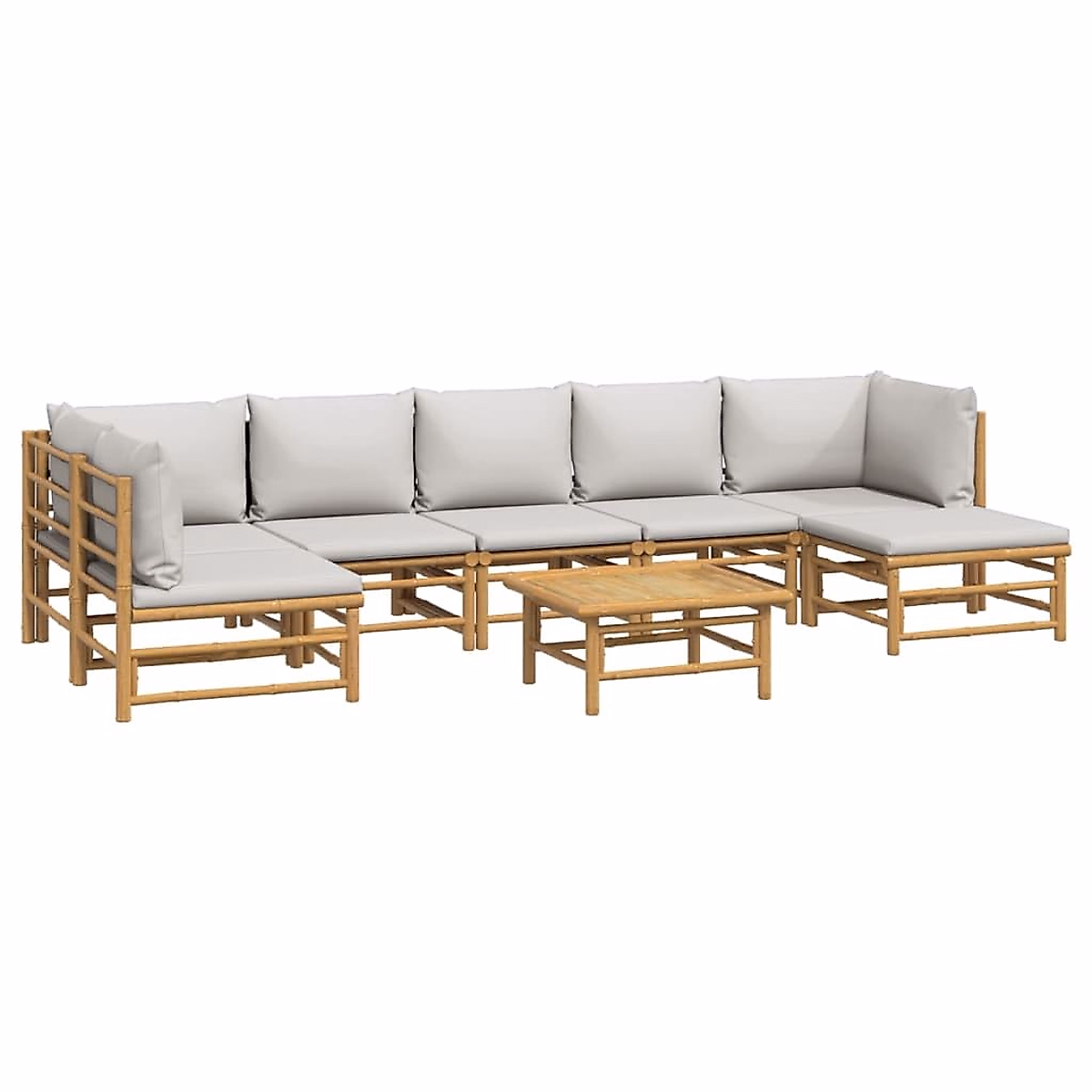 vidaXL 8-Piece Bamboo Outdoor Patio Lounge Set with Light Gray Cushions - Modular Design, Comfortable Seat Experience, Practical Table