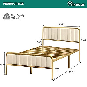YITAHOME Queen Size Bed Frame, Velvet Bed Frame with Upholstered Headboard, Strong Metal Slats Support Platform Bed, No Box Spring Needed, Gold & Beige