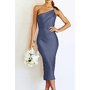 PRETTYGARDEN Women's Midi Satin Dress One Shoulder Spaghetti Strap Backless Ruched Summer Bodycon Dresses (Dark Grey Blue,Small)