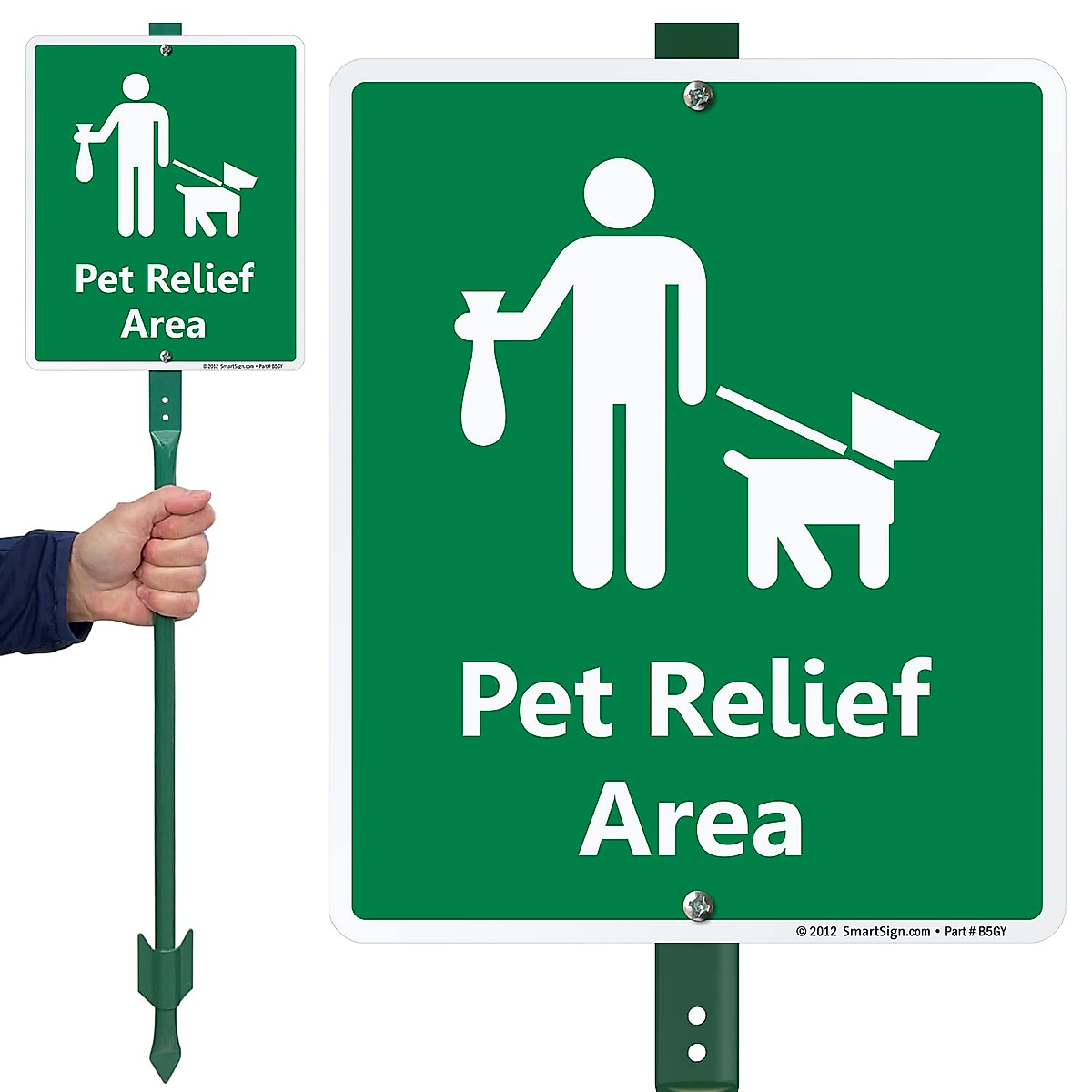 SmartSign 12 x 10 inch “Pet Relief Area” LawnBoss Yard Sign with 3 foot Stake, 40 mil Laminated Rustproof Aluminum, White and Green, Set of 1, Made in USA