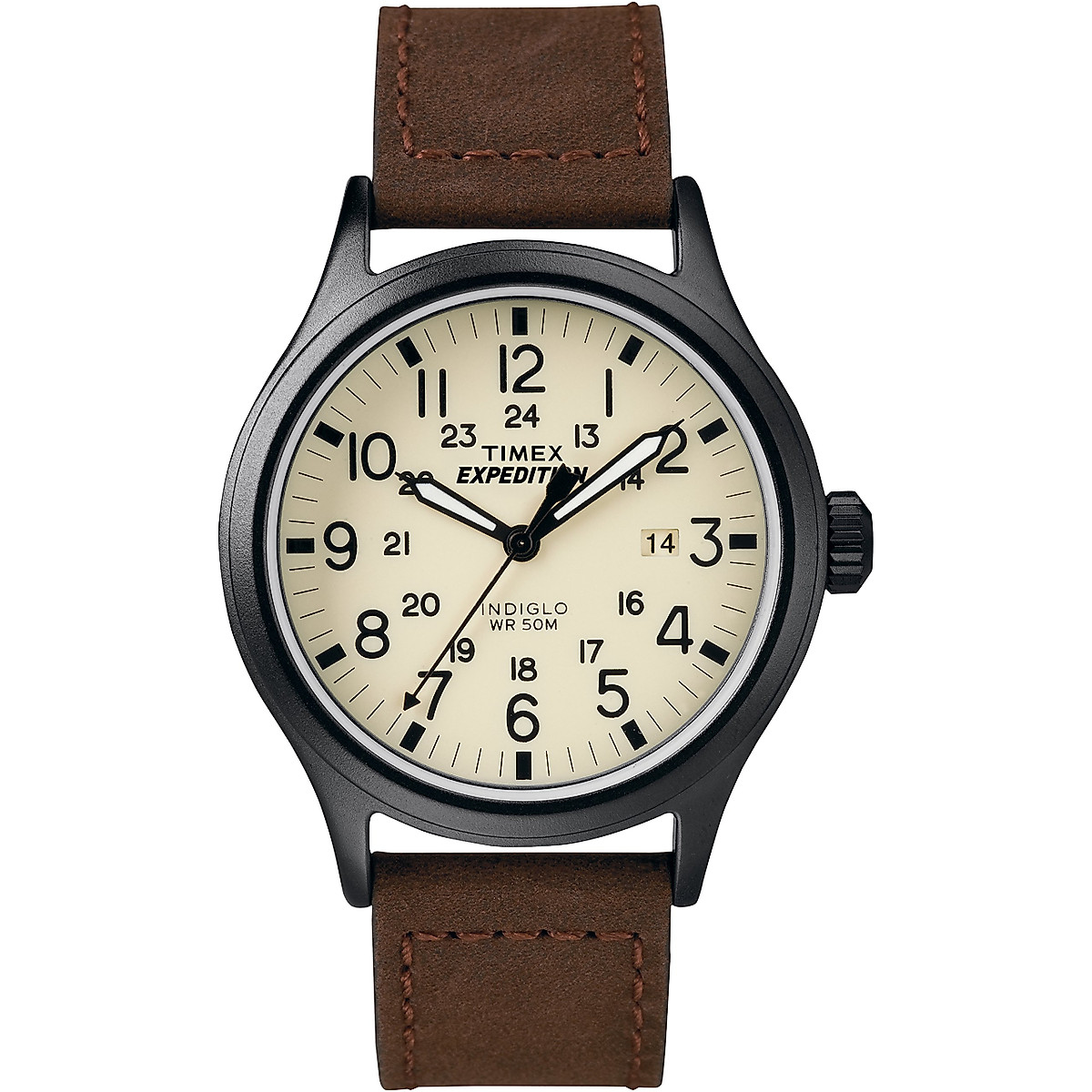 Timex Men's Expedition Scout 40mm Watch – Cream Dial Black Case & Brown Leather Strap