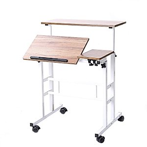 DlandHome Adjustable Rolling Desk Standing Desk, Sit-Stand Desk Cart Mobile Computer Desk Stand Up Desk Office Desk Riser Standing Table Workstation Mobile Desk, Oak