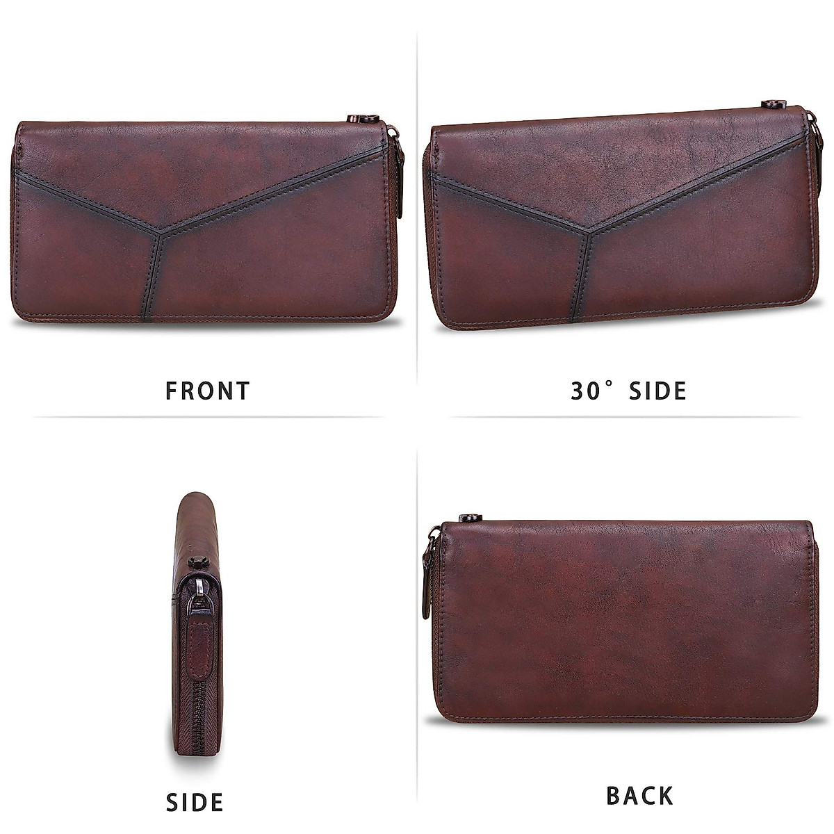 LRTO Genuine Leather Wallets for Women Zip Around Wallet Purse RFID-Blocking Retro Handmade Clutch Money Clip Card Organizer (Coffee)