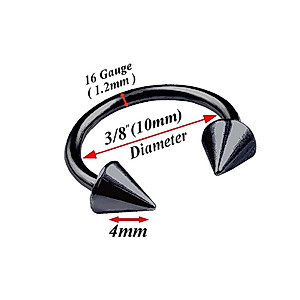 bodyjewellery 6pcs 16g Horseshoe Circular Barbell Eyebrow Tragus Navel Lip Cartilage Ear Ring Spike Helix Belly Black Spike 5/16 3/8 1/2