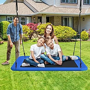 Goplus 700LBS 60 Inch Giant Platform Tree Swing for Kids and Adults, Indoor Outdoor Adjustable Rectangle Swing w/ 2 Hanging Straps & Steel Frame, Waterproof Swing Set for Porch Backyard (Navy Blue)