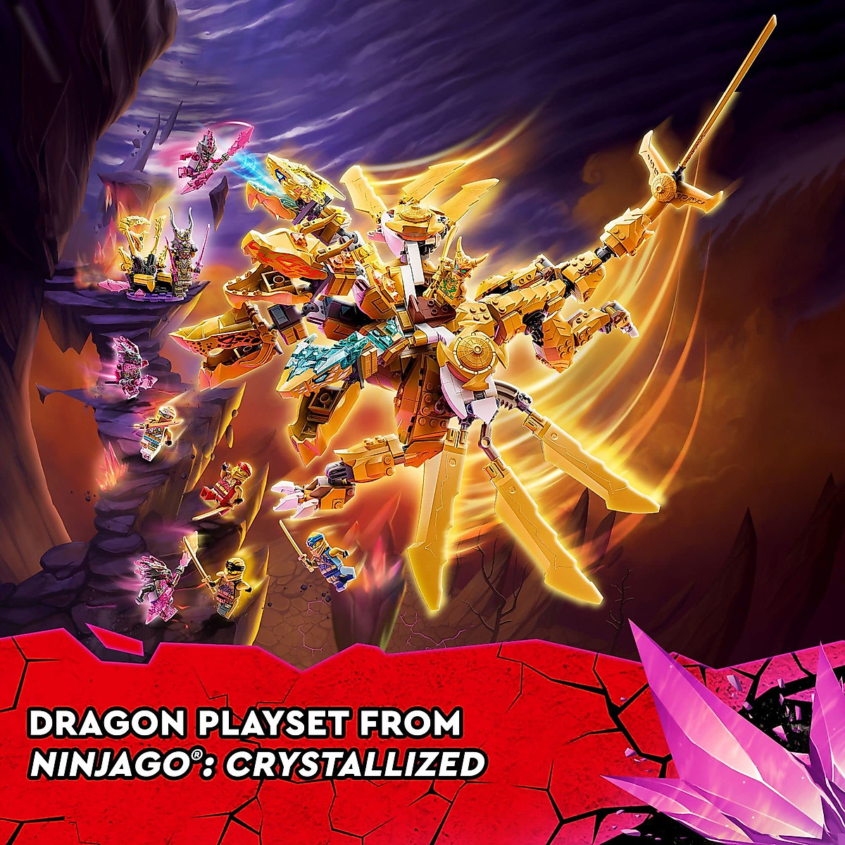 LEGO NINJAGO Lloyd’s Golden Ultra Dragon Toy for Kids, 71774 Large 4 Headed Action Figure with Blade Wings Plus 9 Minifigures