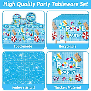 Pool Birthday Party Decorations Tableware Set Beach Table Decorations Supplies Pool Happy Birthday Banner Beach Theme Swirls Plates Napkins Forks Tablecloth for Hawaiian Summer Birthday Party Favors