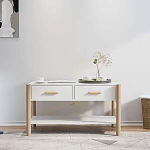 Tidyard Coffee Table with 2 Storage Drawers and Shelf, Engineered Wood Sofa Side Table, Wooden Couch End Table for Living Room 32.3 x 18.9 x 17.7 in White Small Space