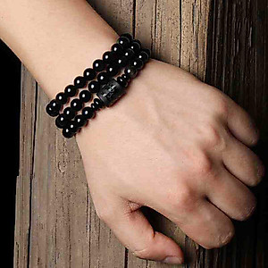 KIOMOY Crystal Obsidian Bracelet Engrave with Dragon or Phoenix totem Cylinder Bead Men or Women Natural Stone Chain Famous Fashion (Dragon long 6MM)