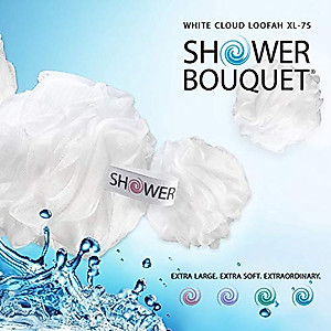 Loofah Soft-White-Cloud Bath-Sponge XL-75g-Set by Shower Bouquet: 4 Pack, Extra Large Mesh Pouf for Men and Women - Exfoliate with Big Gentle Cleanse Scrubber in Beauty Bathing Accessories