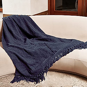 PANDATEX Thick Chunky Navy Blue Knitted Throw Blanket for Couch Chair Sofa Bed, Chic Boho Style Textured Basket Weave Pattern Blanket with Decorative Fringe, 50"x60"