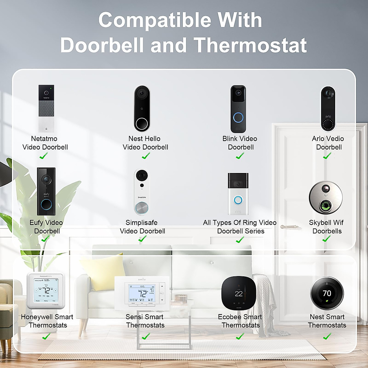 C Wire Adapter Smart Thermostat, 24V Power Supply for Ring Doorbell, Nest, Ecobee, Sensi and Honeywell 26FT Cable